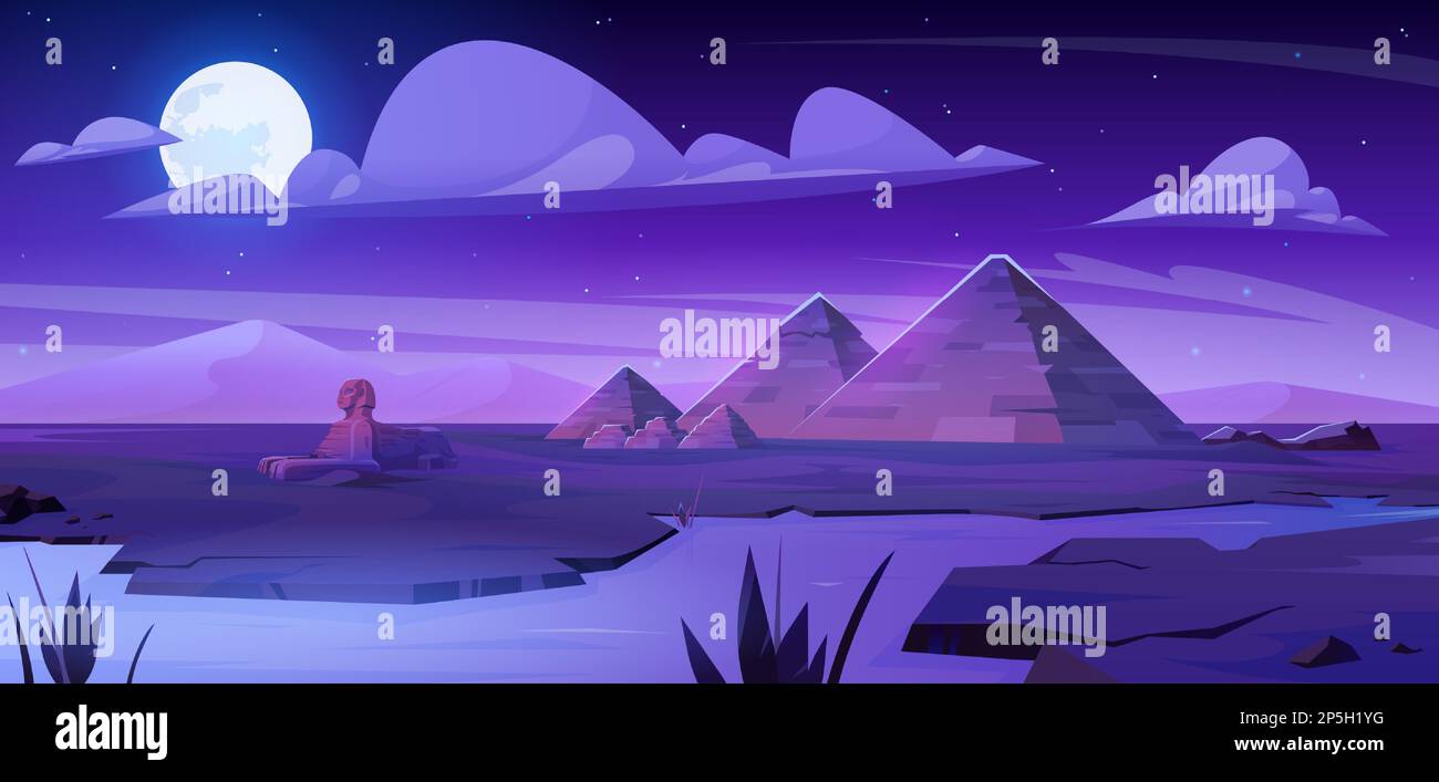 Pyramids in Egypt desert near Nile river vector night cartoon landscape ...