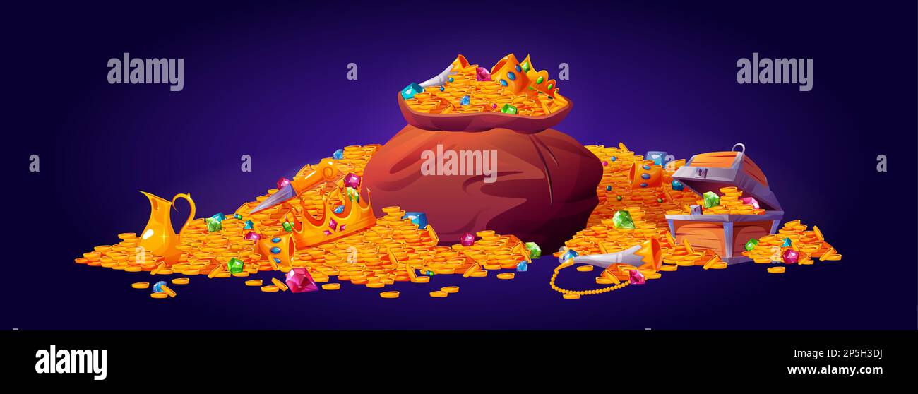 Pirate treasure pile with sack coin and gem vector. Cartoon antique ...
