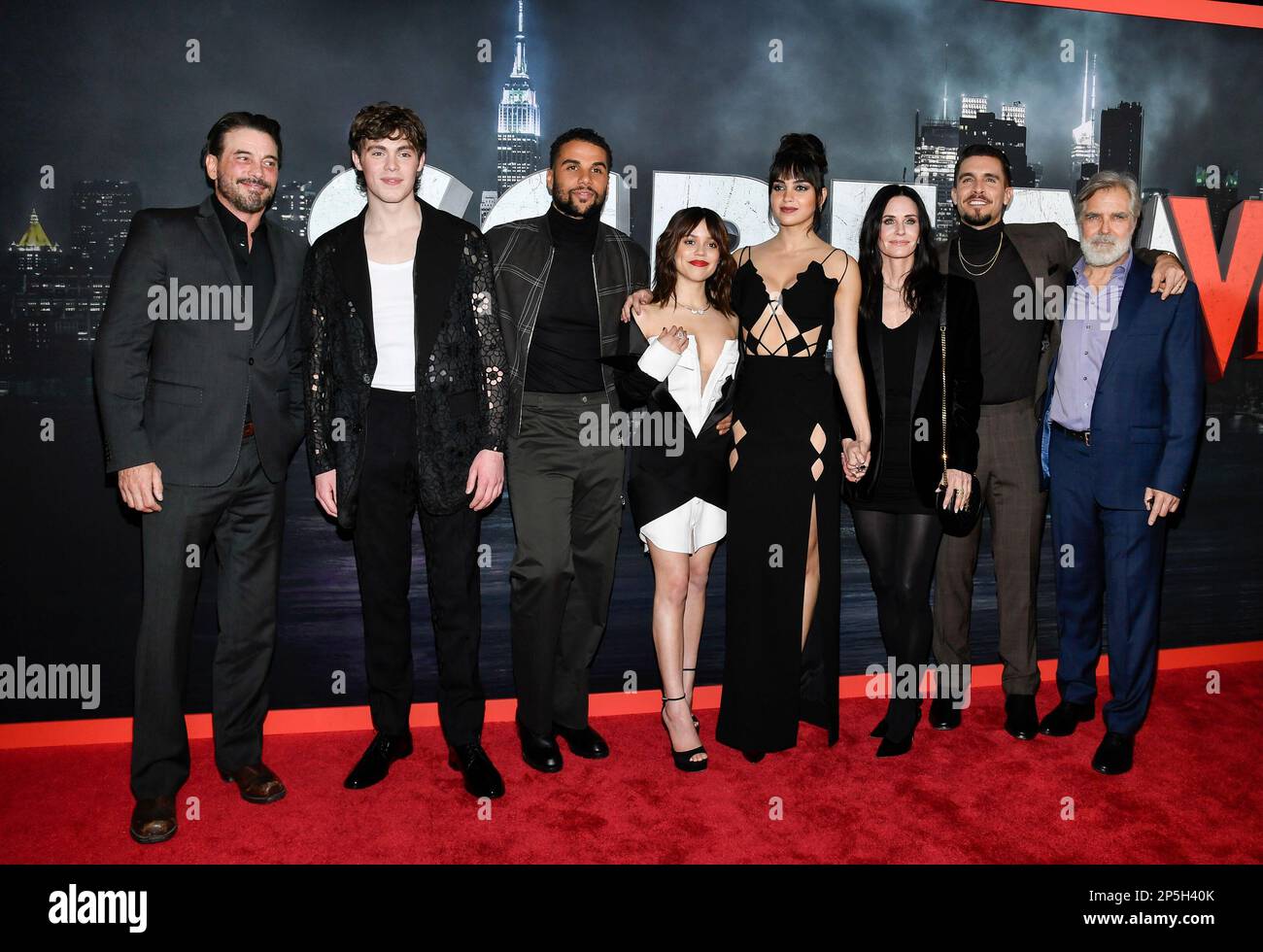 Skeet Ulrich, left, Jack Champion, Mason Gooding, Melissa Barrera ...