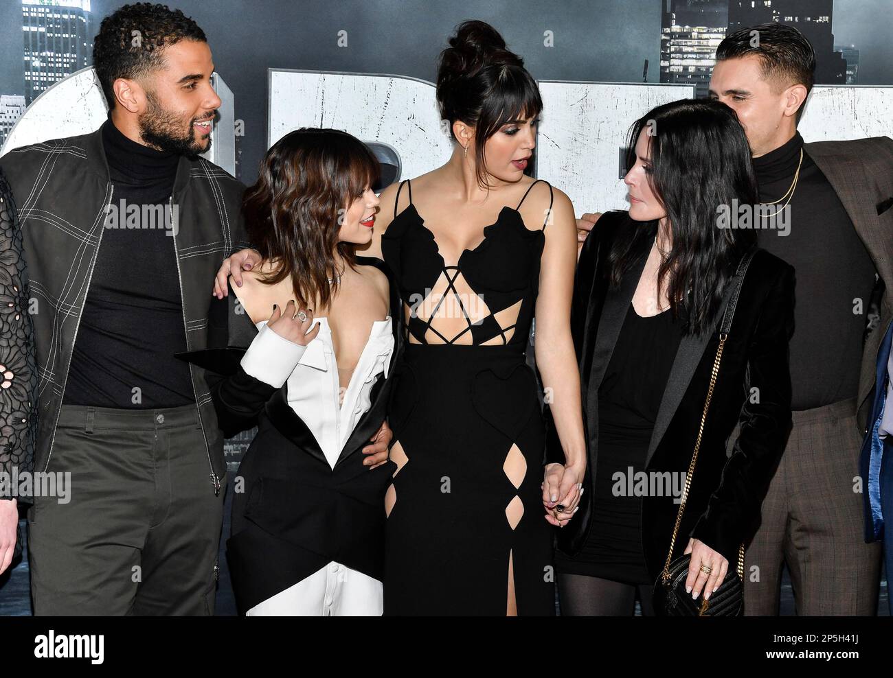 Mason Gooding, left, Jenna Ortega, Melissa Barrera, Courteney Cox and ...