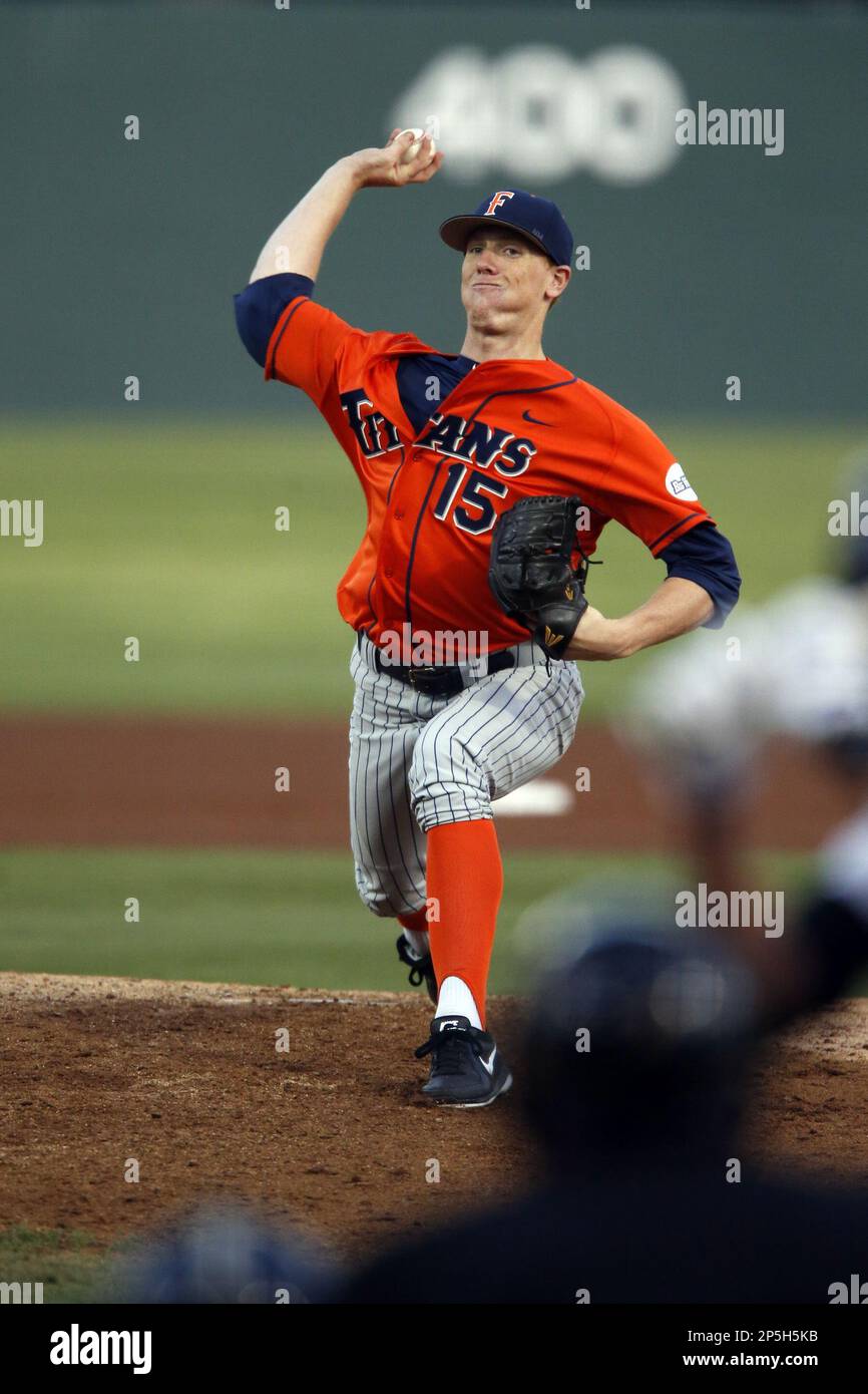 Thomas Eshelman #15 of the Cal State Fullerton Titans pitches against ...