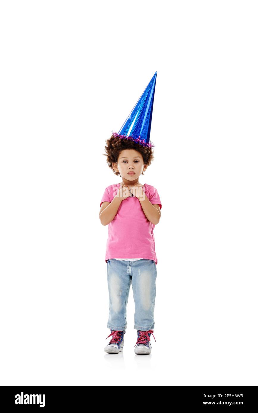 I wanted pink but they gave me blue. Studio shot of a cute little girl ...