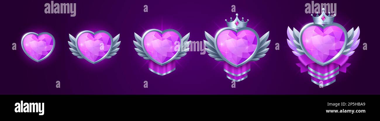 Game badges of heart shape gem in silver frame. Game icons, fantasy ...