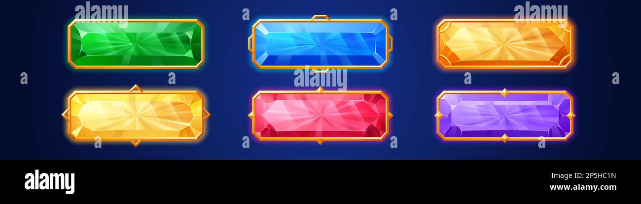 Game buttons from gems and gold frames. Ui interface elements, cute colored crystal banners with ...