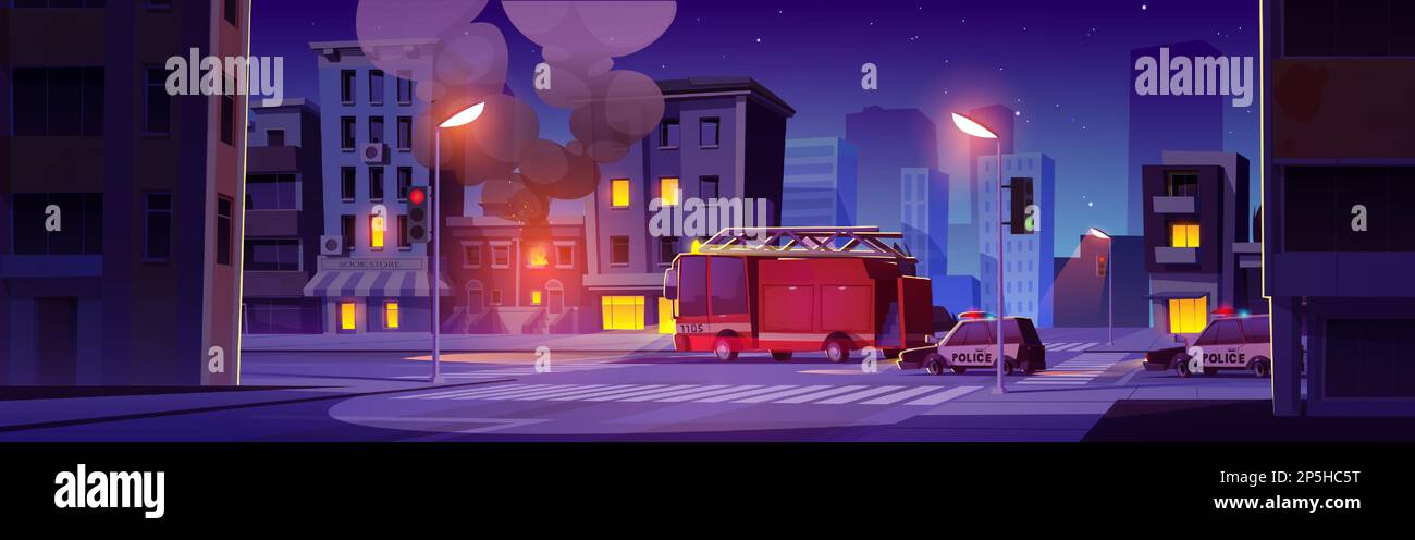 Fire in house, firefighter truck and police car on city street at night ...