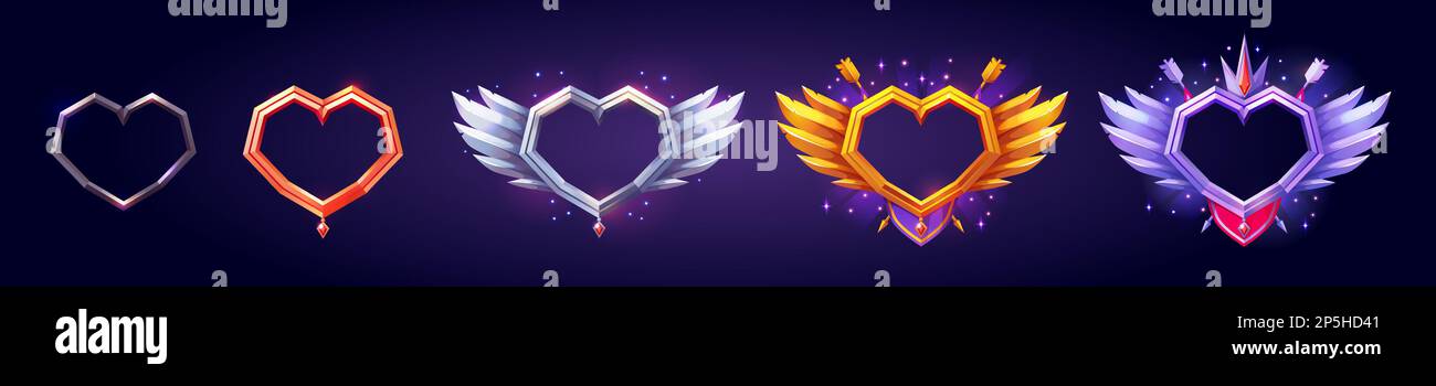 Fantasy game avatar frames in heart shape. Ui icons of ranking badges ...