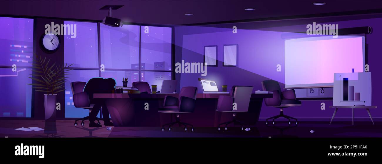 Night boardroom in office with projector light. Overworked in meeting ...