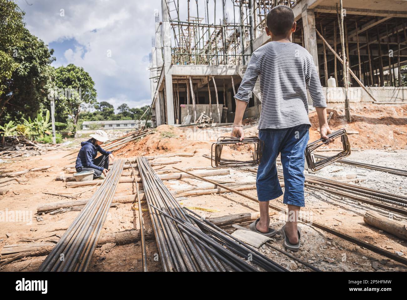 Children are forced to work in construction areas. fear of child labor ...
