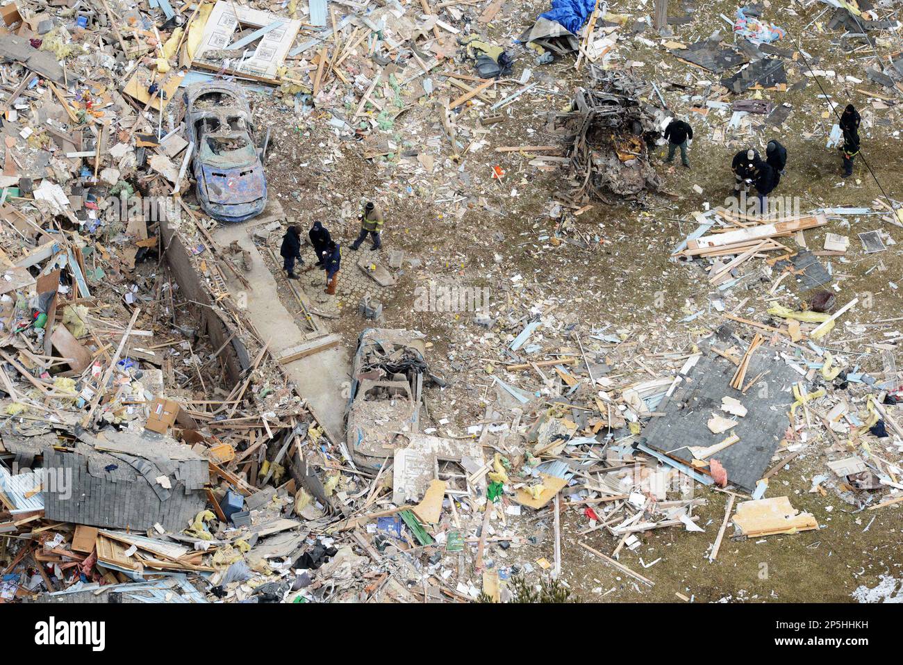 In this aerial photo, Pennsylvania State Police and ATF officials ...