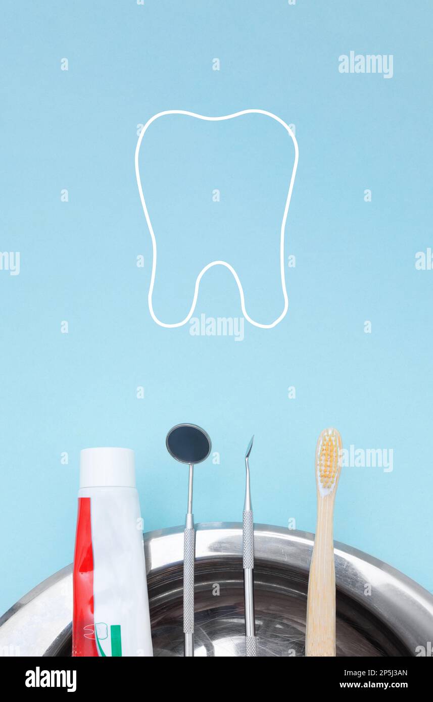 Different tools for dental care, toothbrush, toothpaste and molar tooth ...