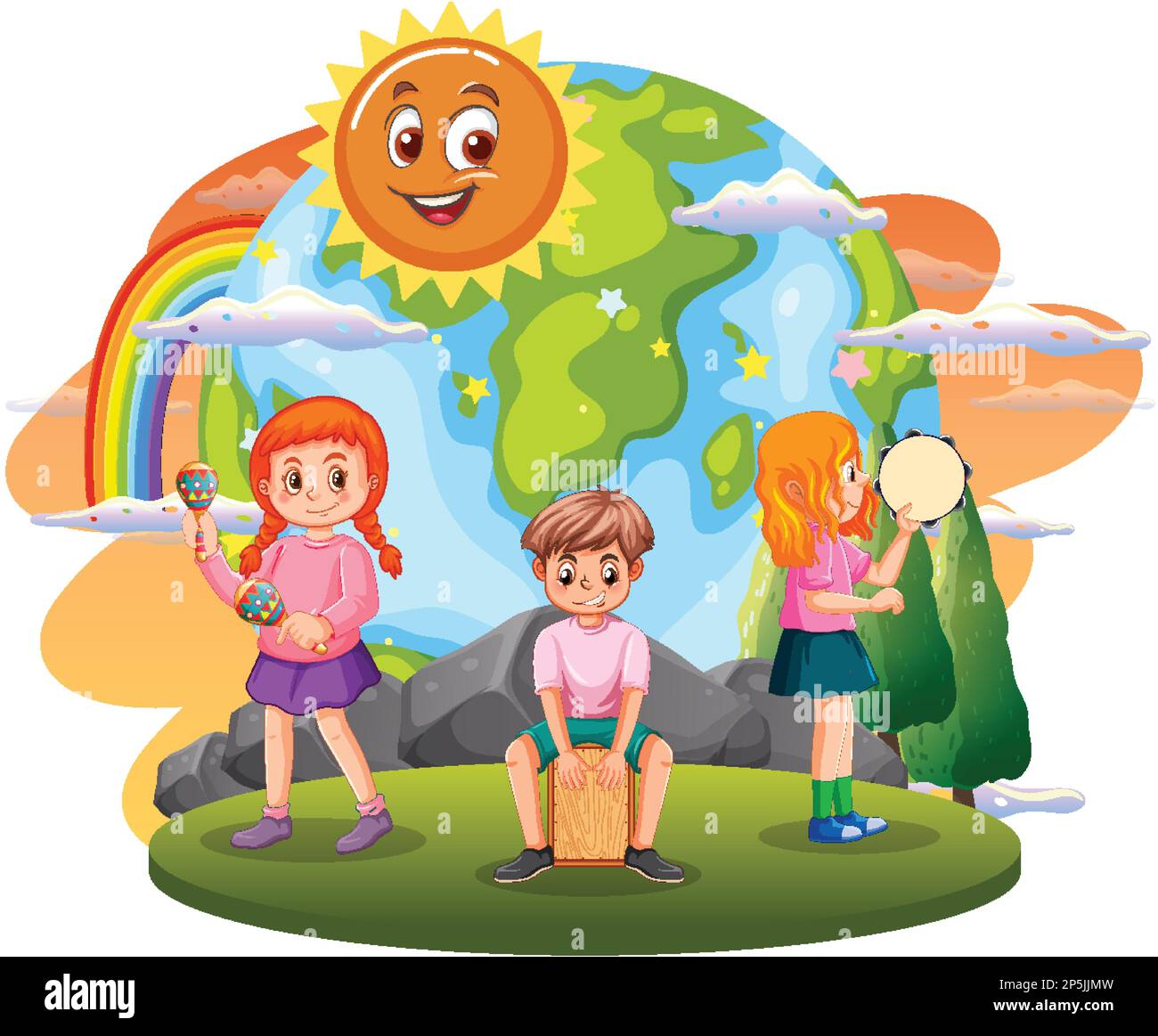 Children playing music with earth globe illustration Stock Vector Image ...