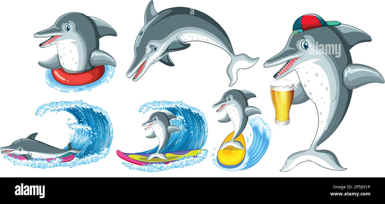 Cute Dolphin Cartoon Characters Collection illustration Stock Vector ...
