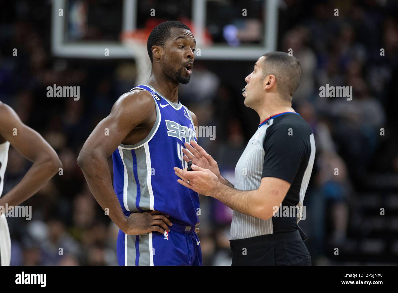 Sacramento Kings forward Harrison Barnes (40) talks with referee Mousa ...