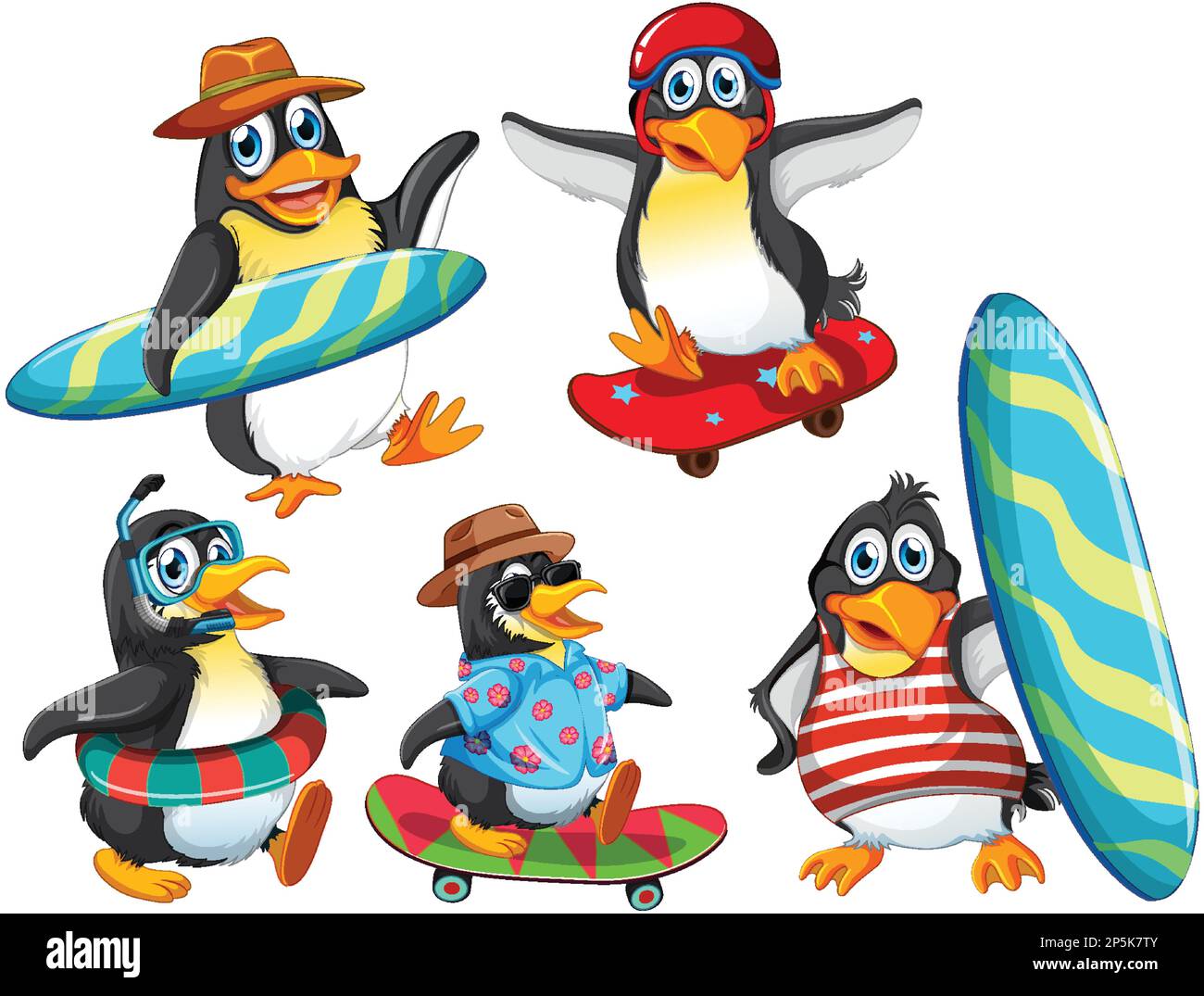 Penguin Cartoon Characters in Summer Theme illustration Stock Vector ...
