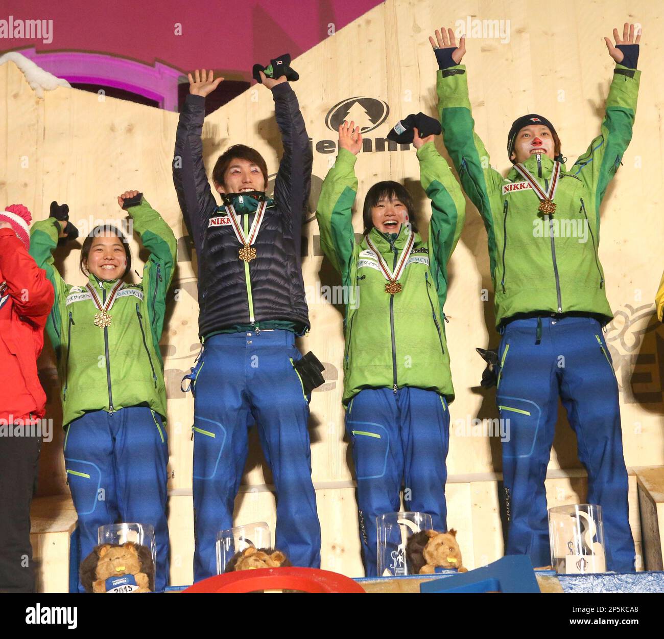Japan skiing jump mixed team members, (from L) Sara Takanashi, Daiki ...