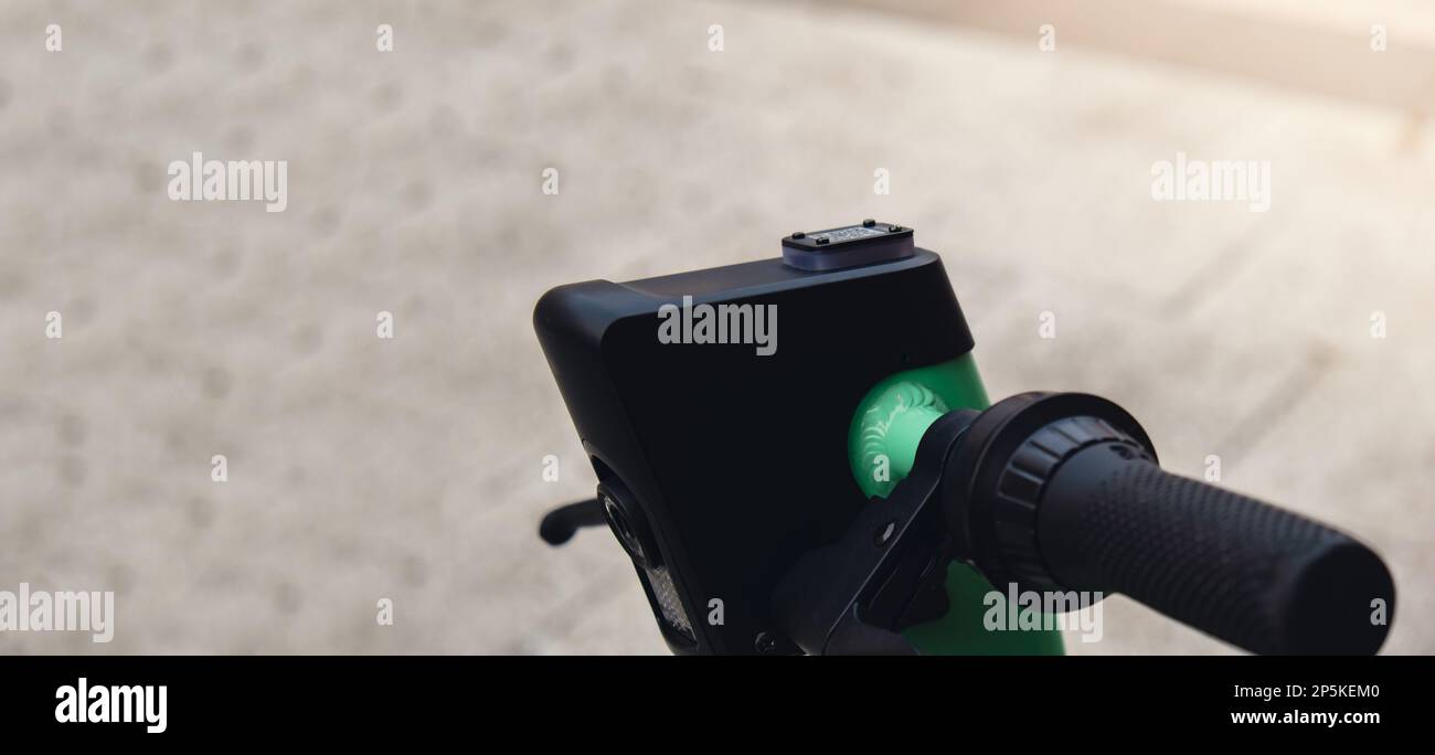 Electric scooter on the street with qr code on e-scooter, rental ...