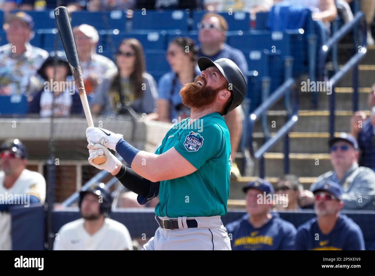 Seattle Mariners' Colin Moran hits a fly ball against the Milwaukee ...