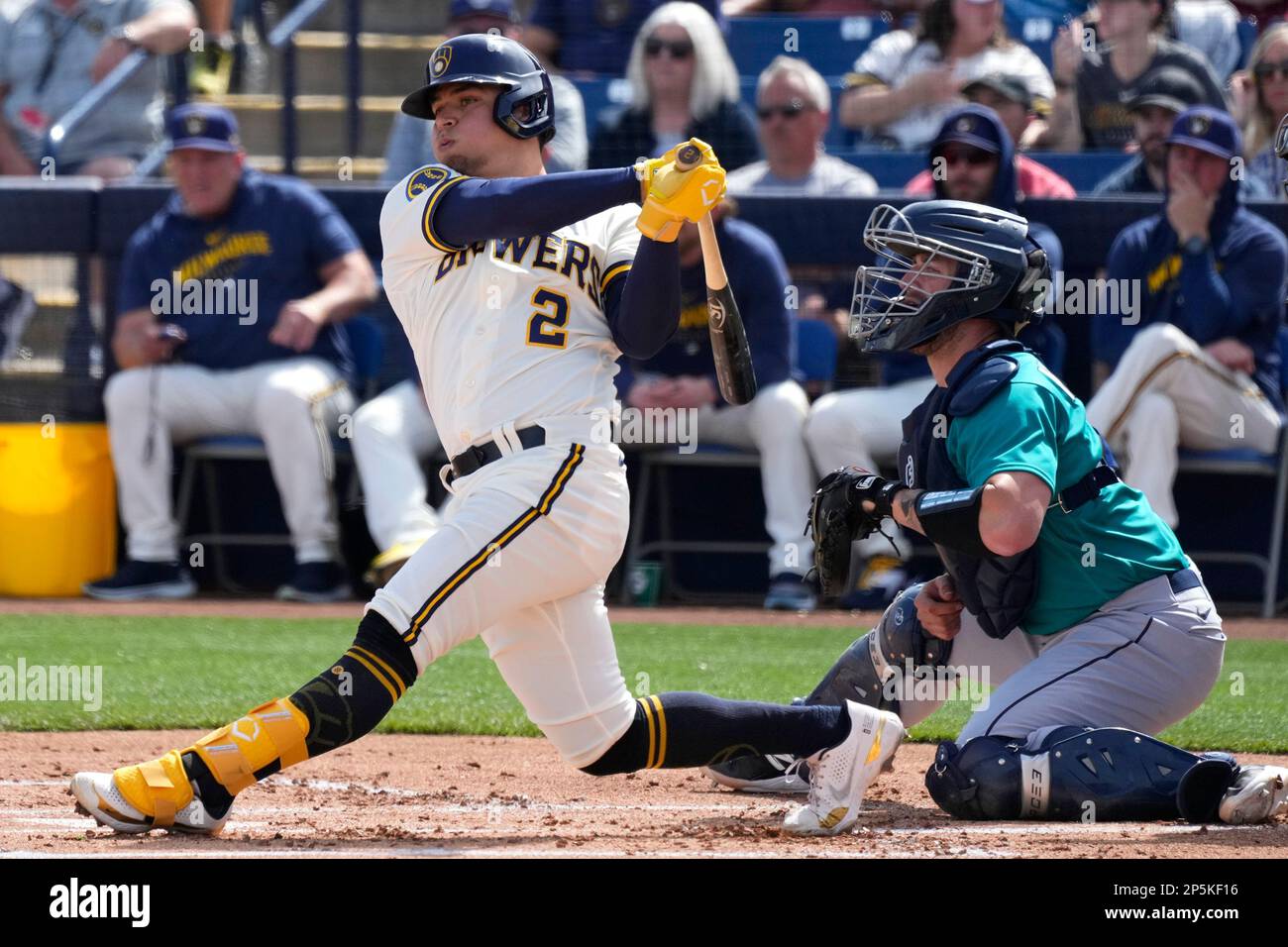 Milwaukee Brewers' Luis Urias follows through on a swing as Seattle ...
