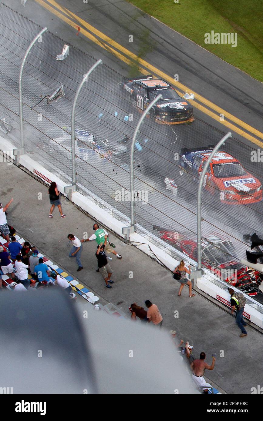 A horrific wreck of NASCAR driver Kyle Larson occurs with debris flying ...