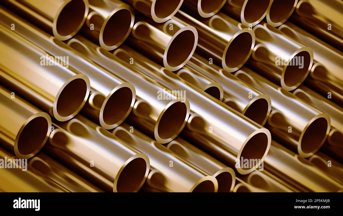 Gold tinted metal tubes stack background. 3D illustration Stock Photo ...