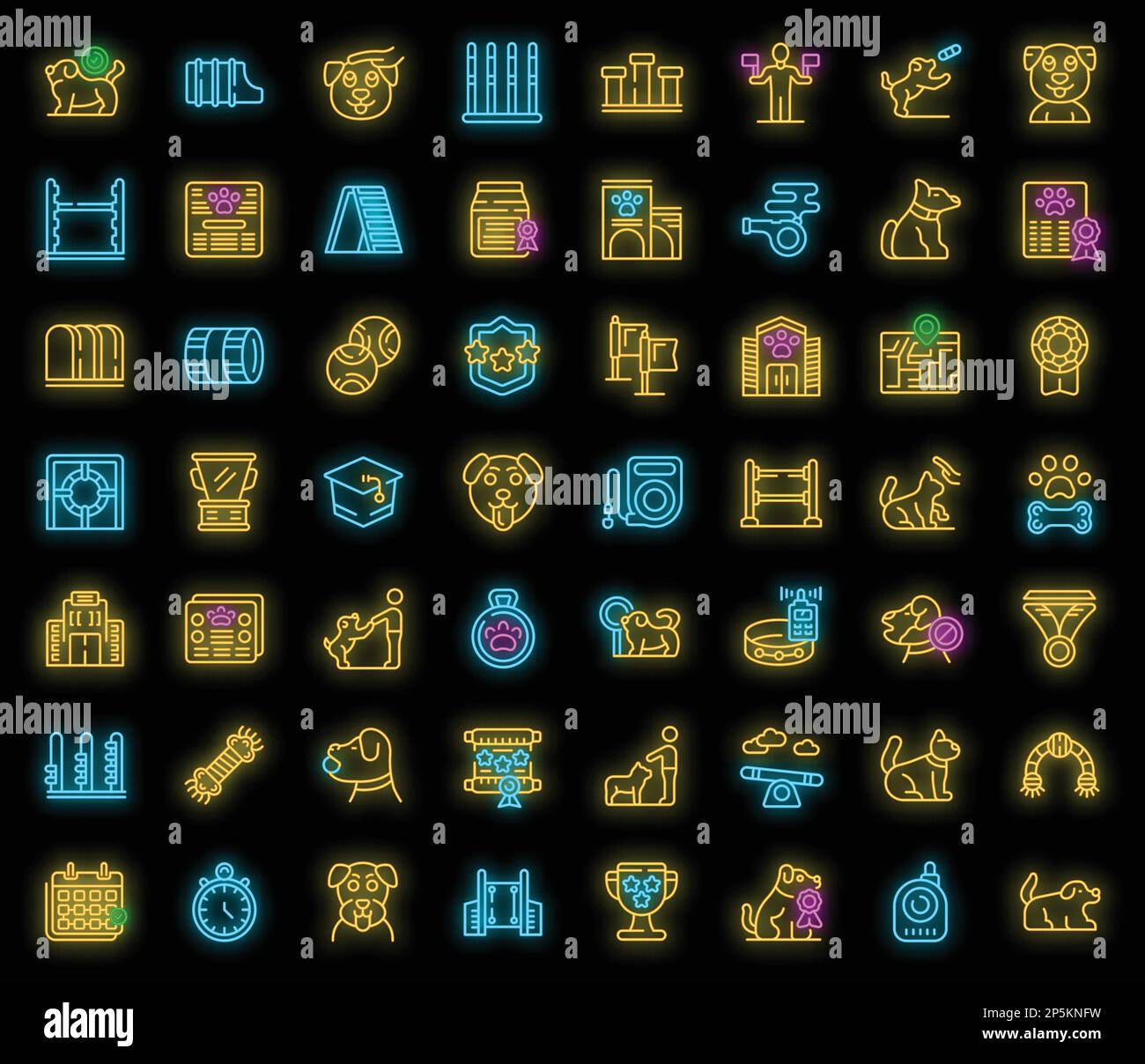 Dog school icons set outline vector. Course agility. Canine pipe neon ...