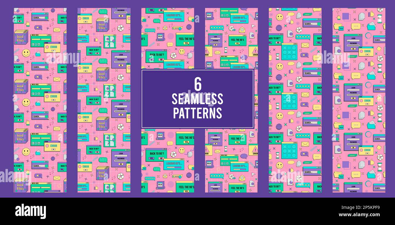Set of vaporwave UI and UX elements seamless pattern. PC retro game frame. Nostalgic style 70s ...