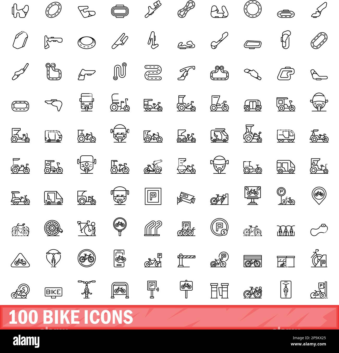 100 bike icons set. Outline illustration of 100 bike icons vector set isolated on white ...