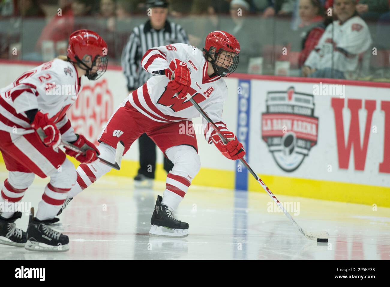 Wisconsin Badgers Jordan Brickner (26) handles the puck during an NCAA ...