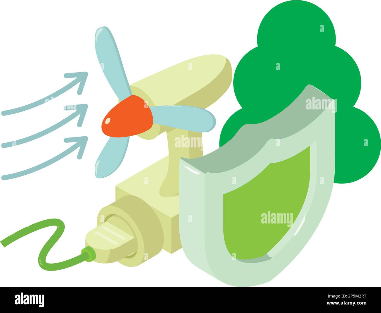 Wind energy icon isometric vector. Powered table fan and tree behind ...