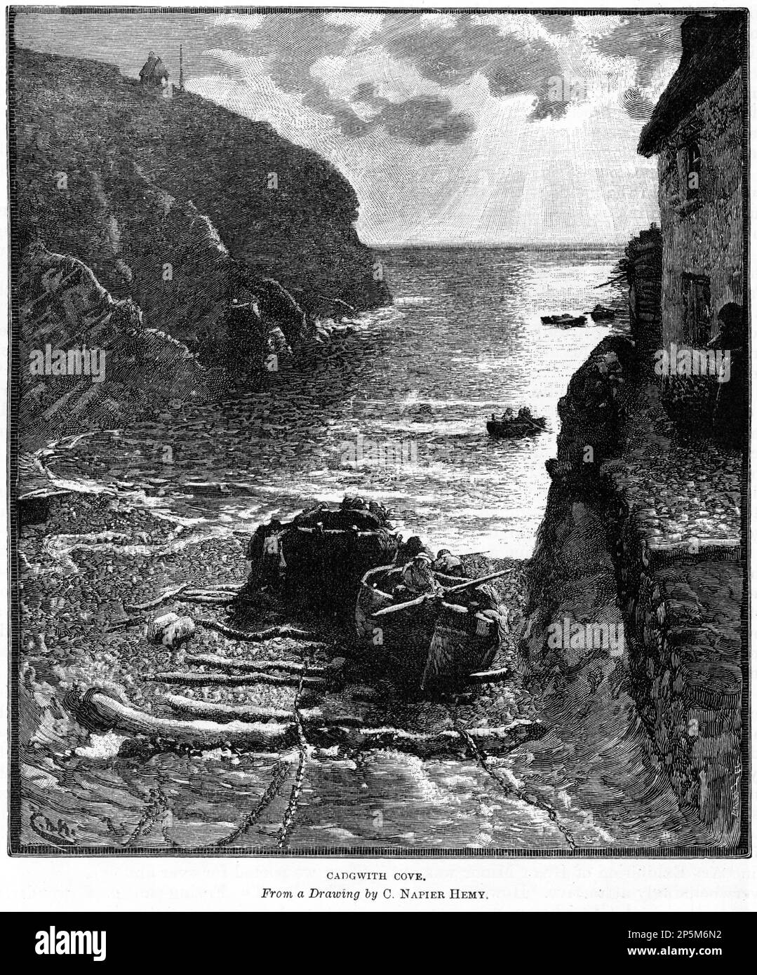 Engraving of boats in Cadgwith Cove, England, circa 1880 Stock Photo ...