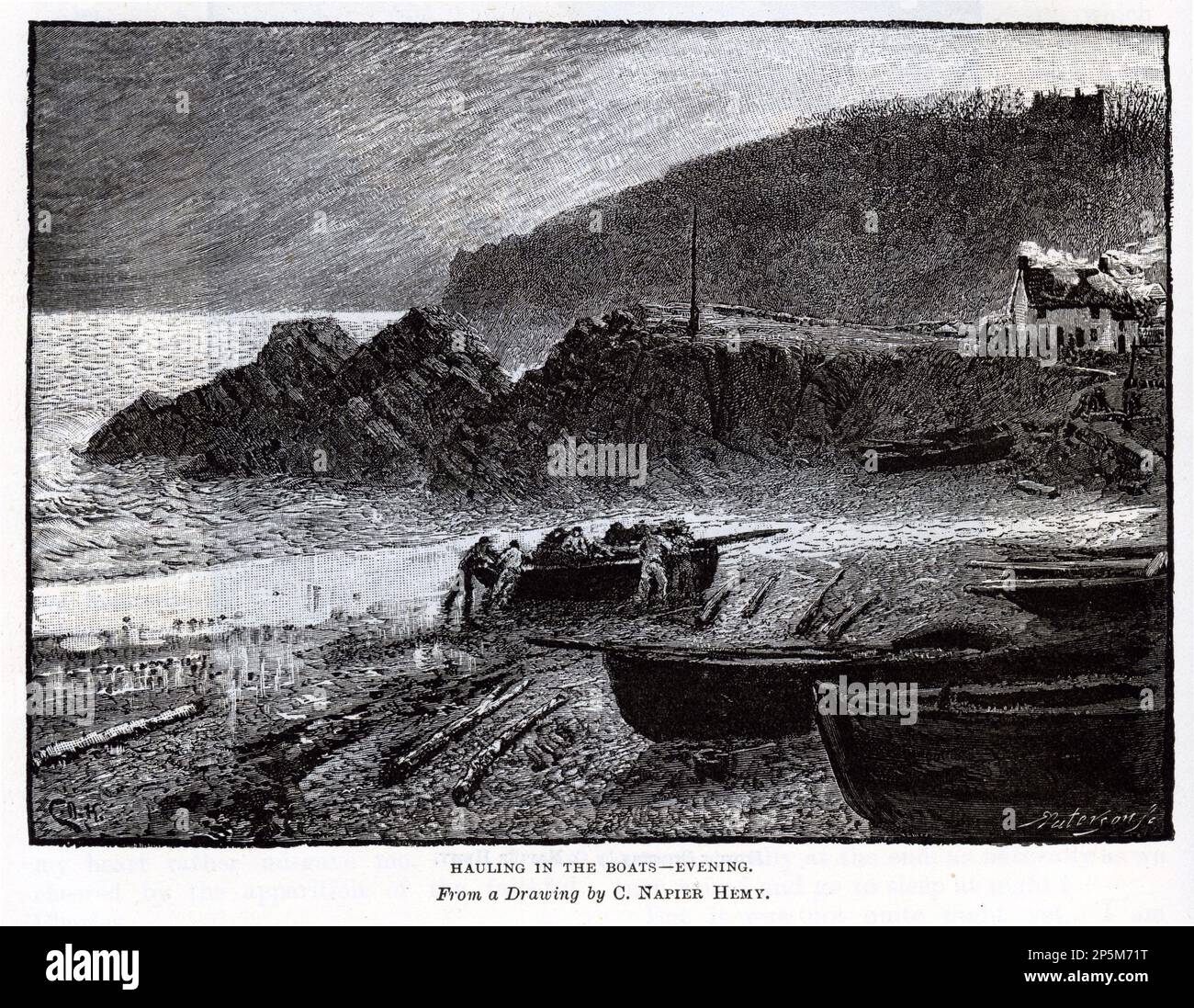 Engraving of fishermen hauling their boats into shore, circa 1880 Stock ...