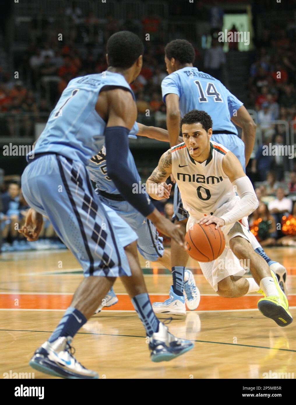 Miami's Shane Larkin drives against North Carolina's Dexter Strickland ...