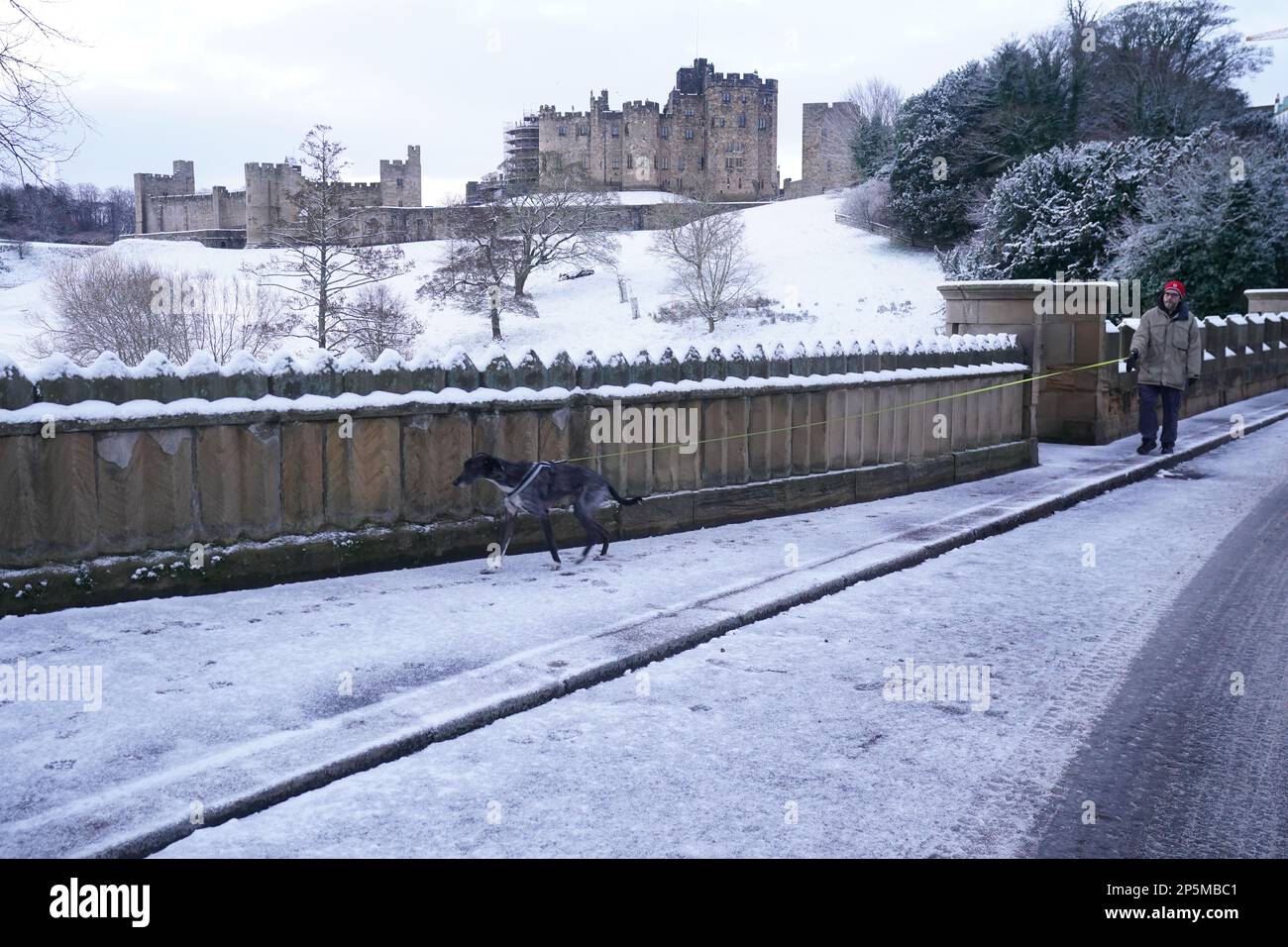 A man walks his dog through snow near Alnwick Castle in Northumberland ...