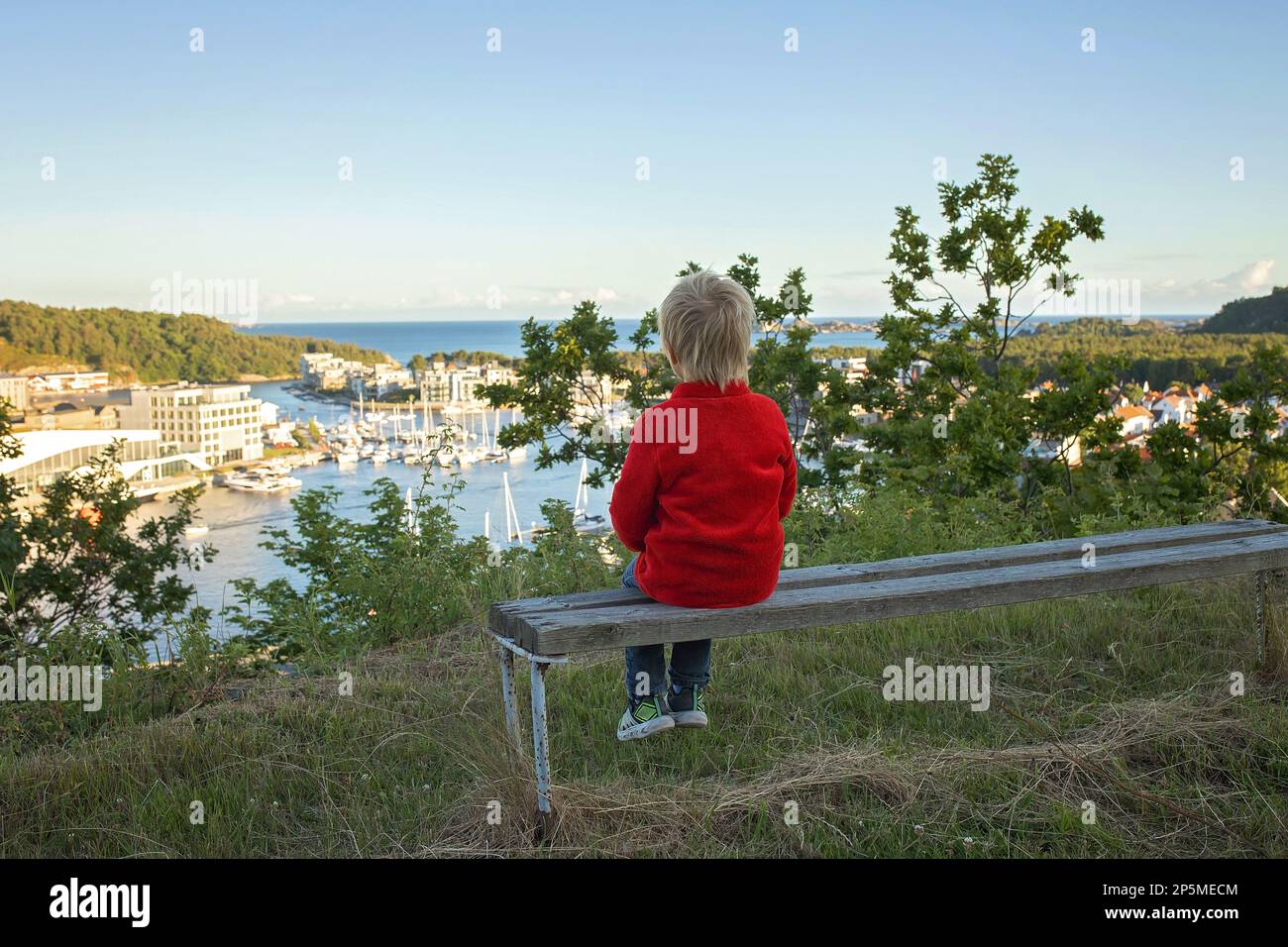Family visiting town Mandal in Norway, view from the viewpoint ...