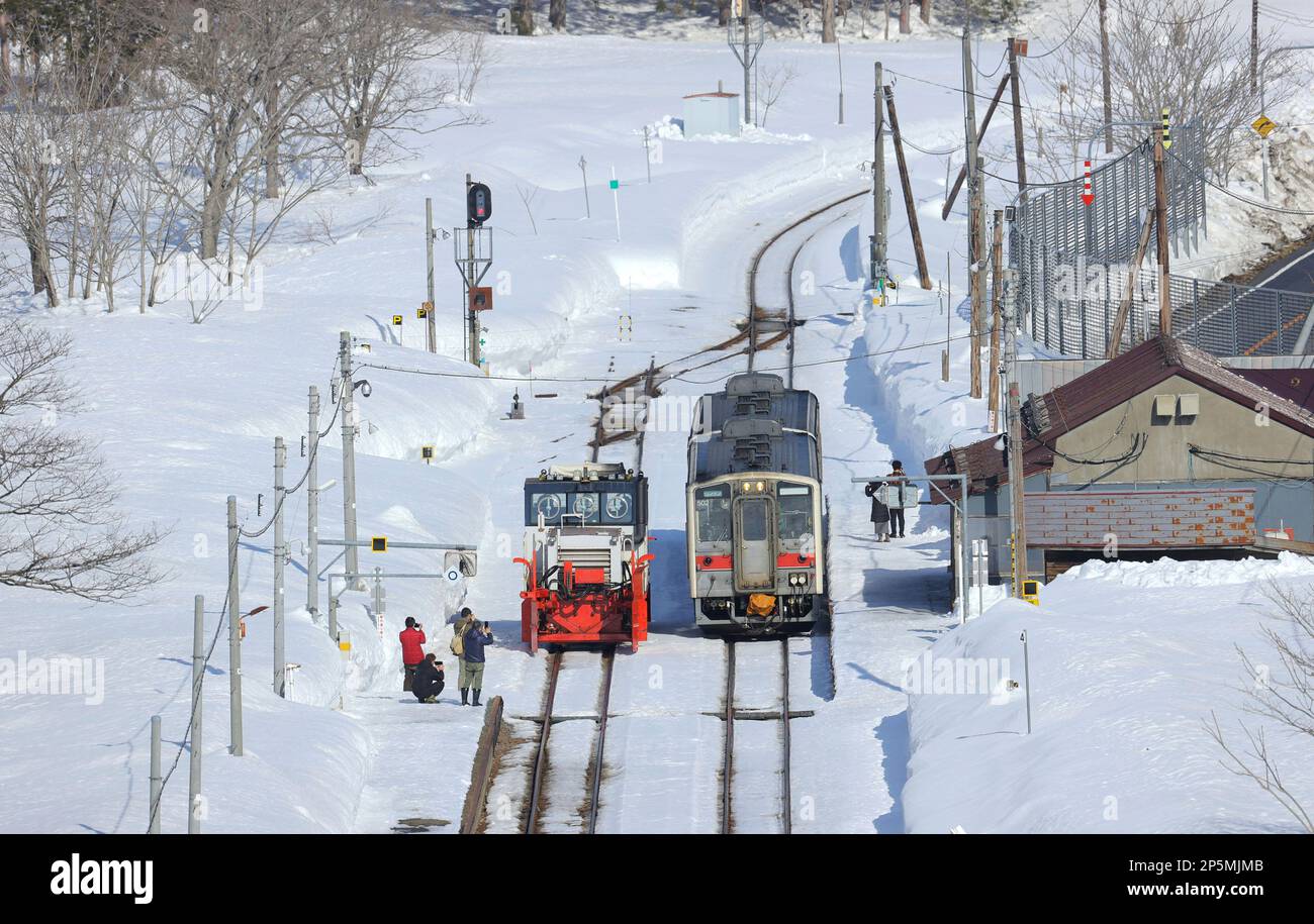 The train of the Rumoi Main Line, a railway line in Hokkaido operated ...