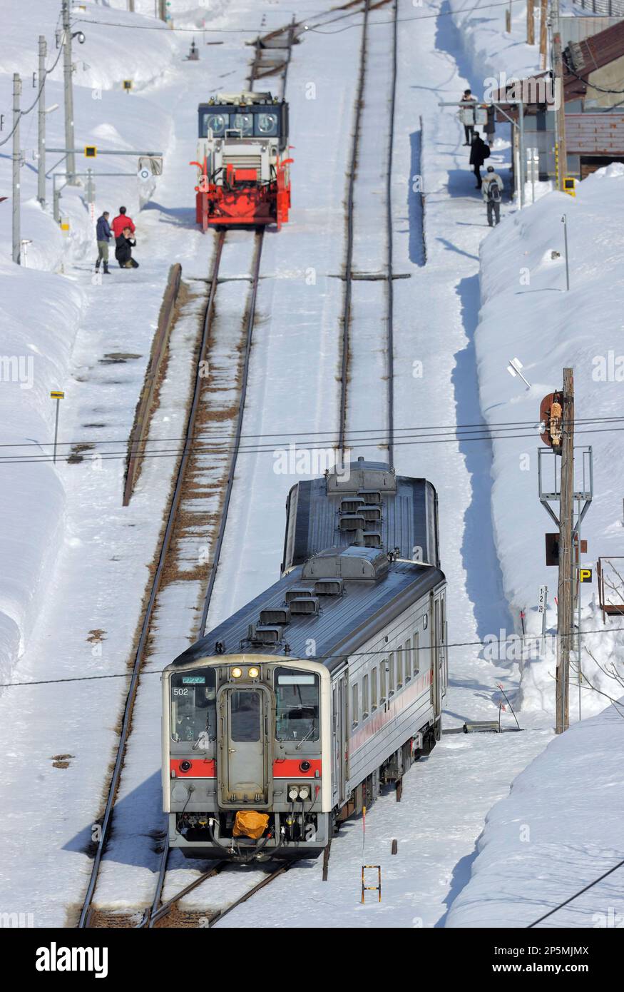 The train of the Rumoi Main Line, a railway line in Hokkaido operated ...