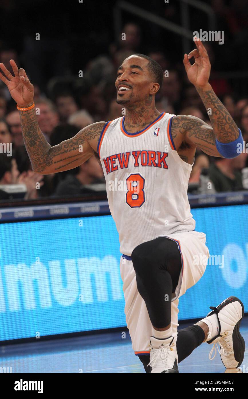 New York Knicks' J.R. Smith gestures after scoring a 3-point goal ...