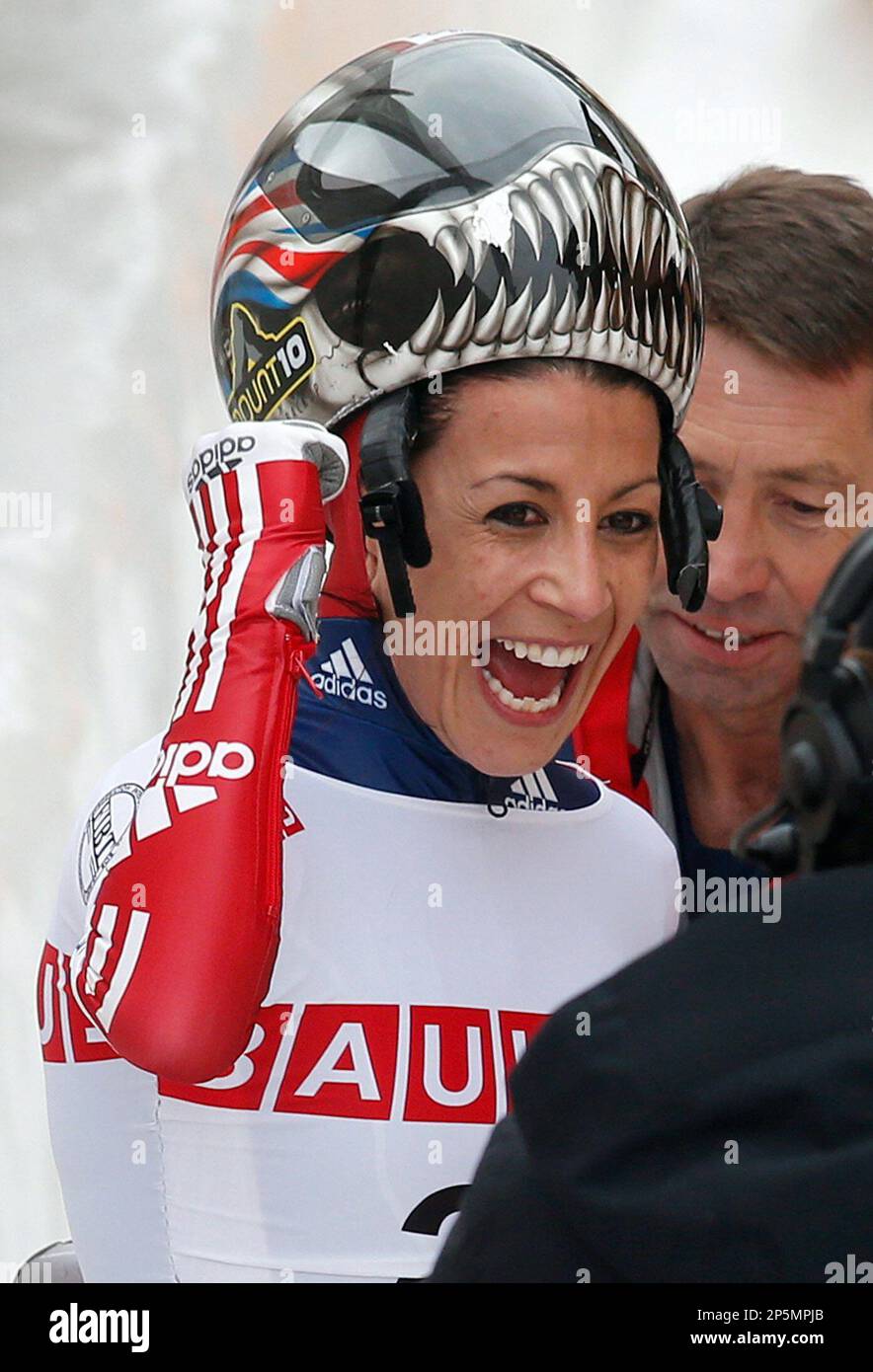 British Shelley Rudman celebrates in the finish aera after winning the ...