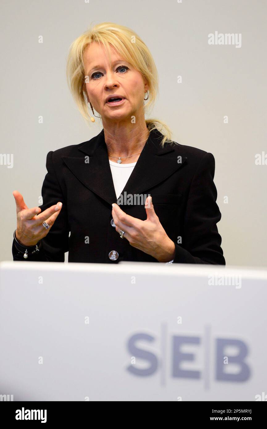 SEB Bank Chief Executive Annika Falkengren, speaks during a news ...