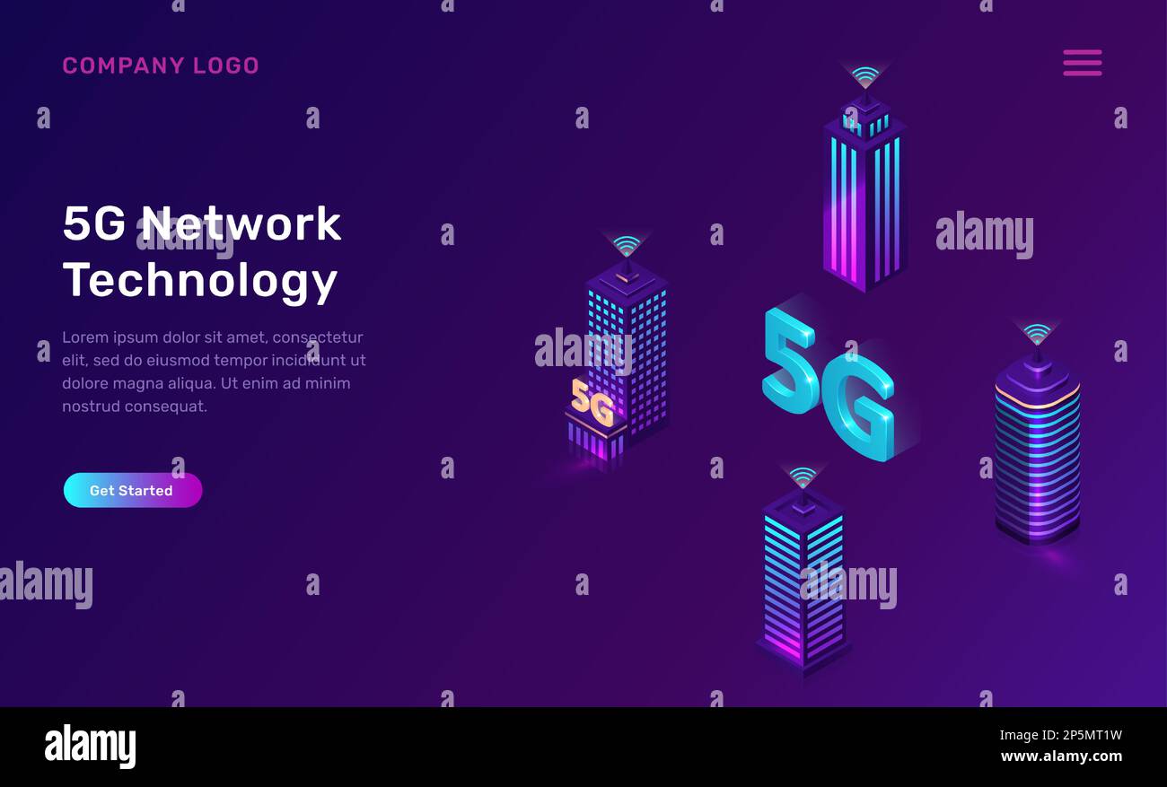 5G network technology, isometric concept vector illustration. Smart city, tall buildings with 5G ...