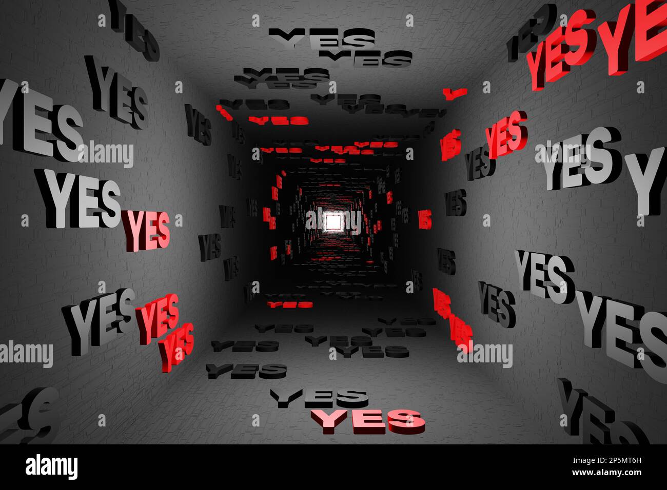 Yes symbol or yeah marks tunnel on black background 3d render. Say ...