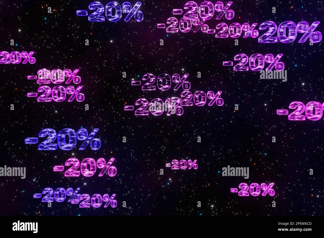 Blue and violet minus twenty percent symbols fall down isolated on ...