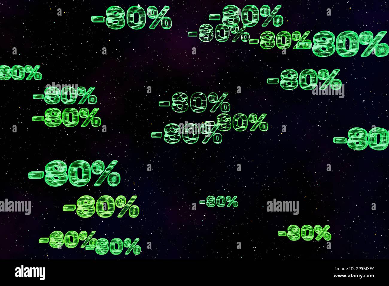 Green minus eighty percent symbols fall down isolated on black ...