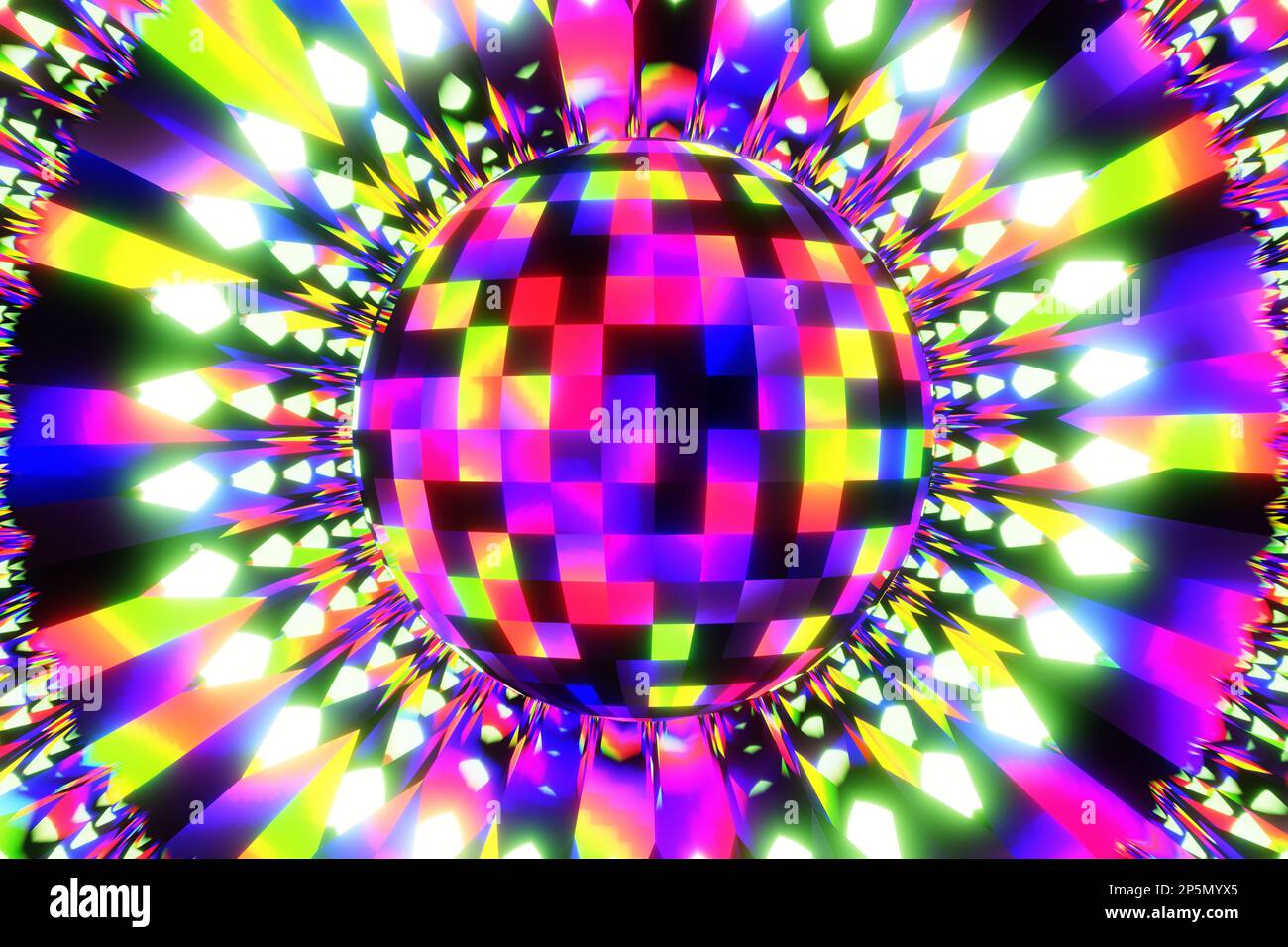 Colored disco ball abstract background. Disco ball with bright rays ...