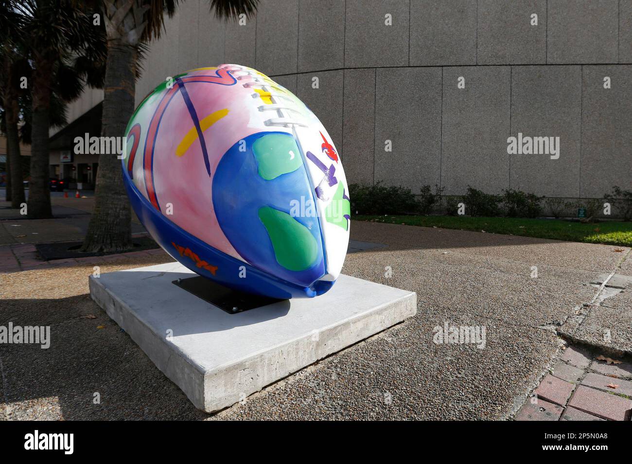 A giant football is display in New Orleans on Tuesday, January 29, 2013 ...