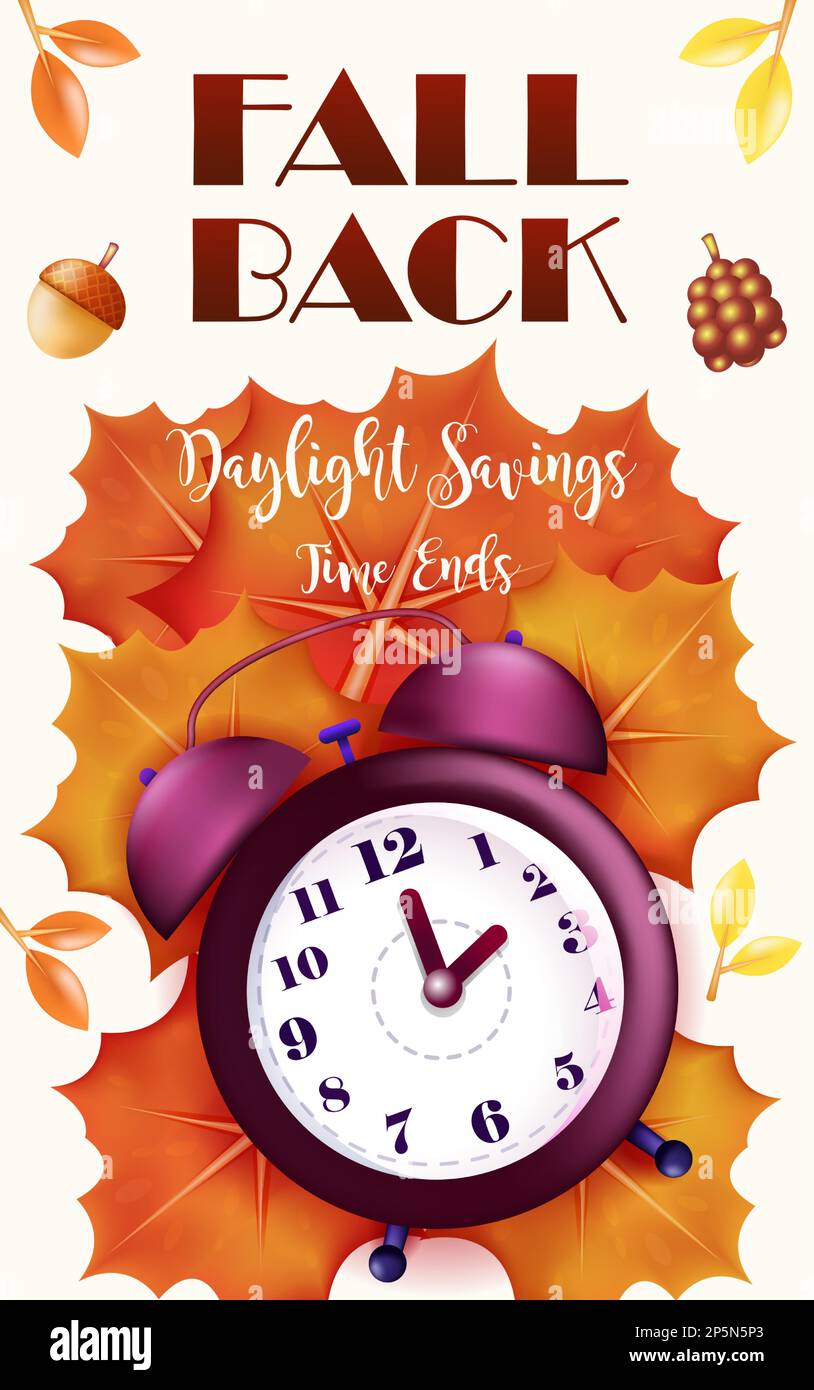 Daylight Savings Time Ends, alarm clock on dry leaves Stock Vector ...