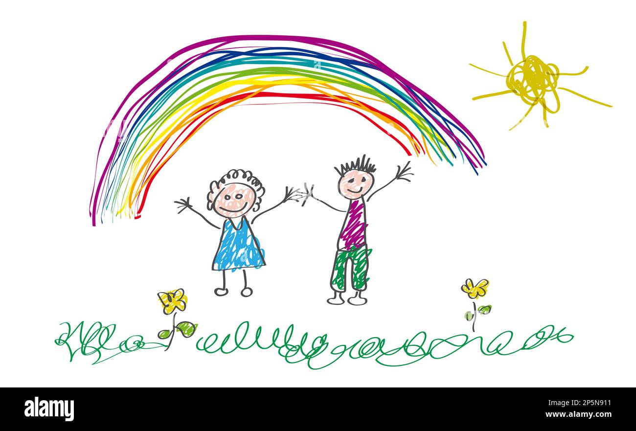 Vector drawing made by a child, children and rainbow, welcome spring ...