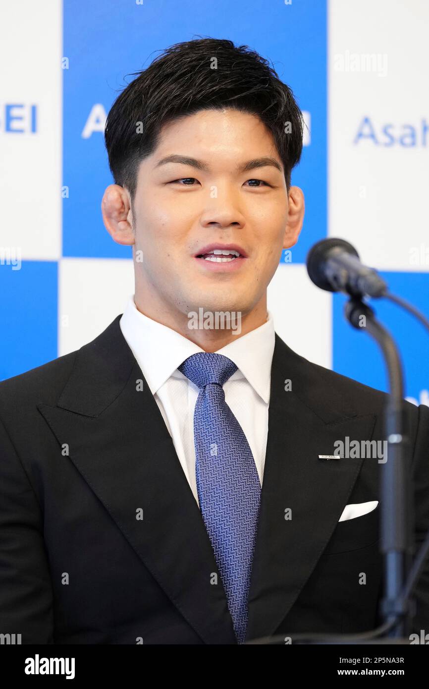 Japanese judoka Shohei Ono speaks at a news conference in Chiyoda Ward ...