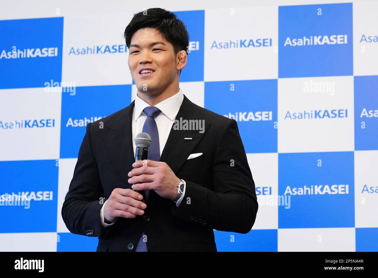 Japanese judoka Shohei Ono speaks at a news conference in Chiyoda Ward ...