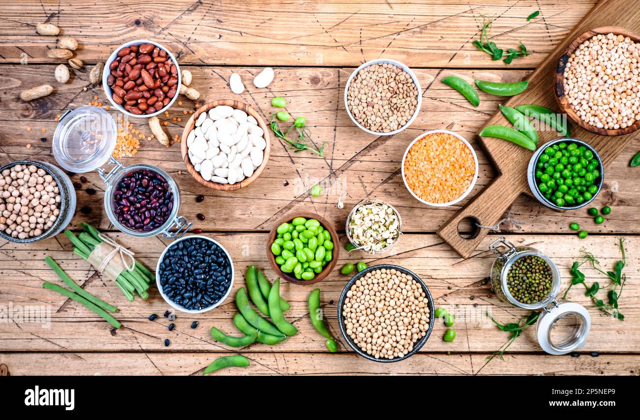 Legumes, beans and sprouts. Dried, raw and fresh, top view. Lentils ...